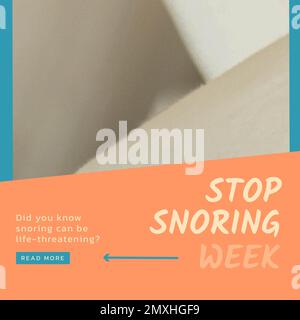 Composition of stop snoring week text and couple in bed with man ...