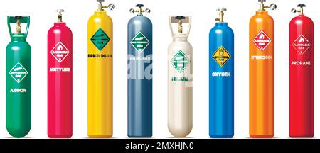 Gas cylinders and tanks realistic set with helium and oxygen symbols ...