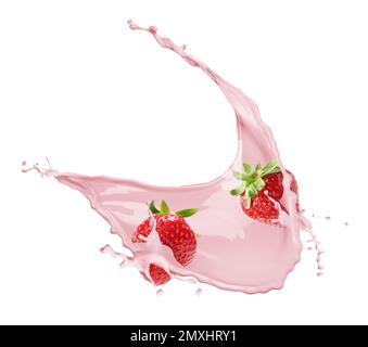 Fresh strawberries with milkshake splash on white background Stock ...