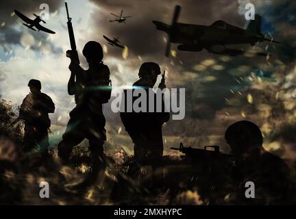 Silhouettes of soldiers and planes in combat zone. Military service ...