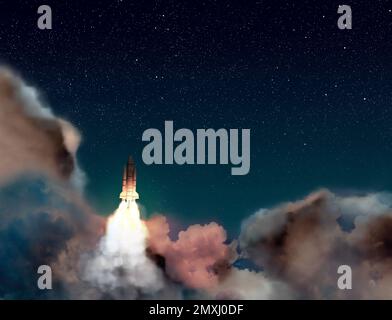 Spaceship flight. Starry sky and blue galactics. View on space shuttle ...