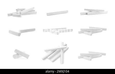 Set with colorful pieces of chalk on white background. Banner design ...