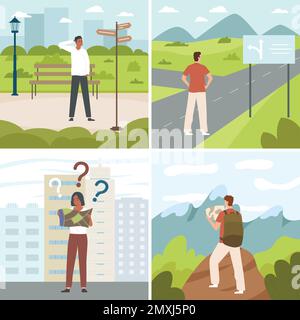 Lost people searching wright way flat scenes isolated posters vector ...