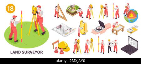 Isometric engineer surveyor icons set with man in working suit and land ...