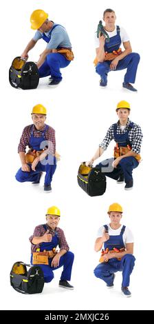 Collage with photos of electrician on white background, banner design ...