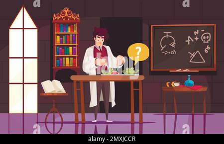 Male scientist working at medieval scientific laboratory doing frog ...