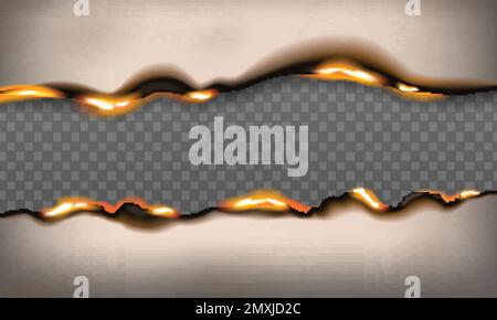 Burn paper borders, white burnt pages with smoldering fire on charred ...