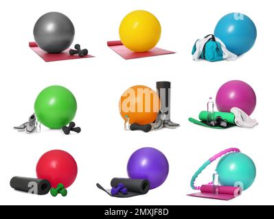 Set of fitness balls and other sport accessories on white background ...