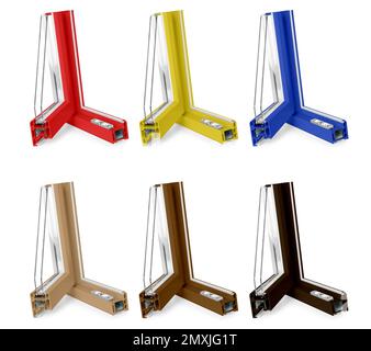 Set with samples of modern window profile in different colors on white ...