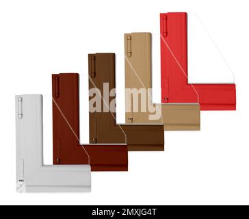 Set with samples of modern window profile in different colors on white ...