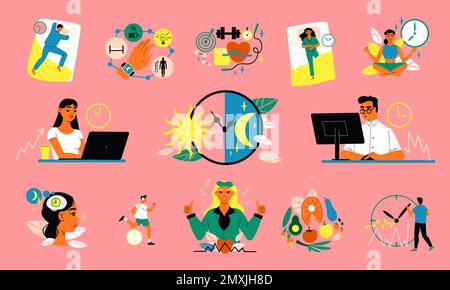 Circadian rhythm flat icons set with time management and healthy sleep ...