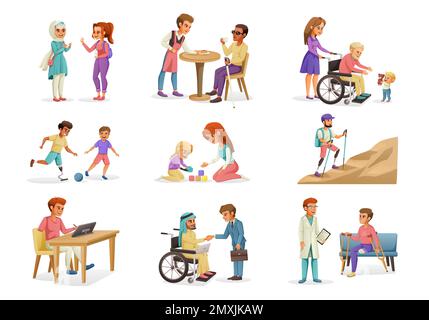 Cartoon set of disabled blind deaf and dumb people with prostheses in ...