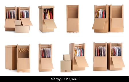 Set of cardboard wardrobe boxes on white background. Banner design ...