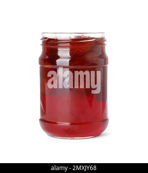 Delicious pickled strawberry jam in glass jar isolated on white Stock ...
