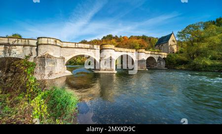 The historic bridge over the Werra River at Creuzburg in the Werra ...