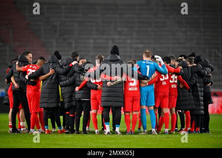 Team circle of RB Leipzig. LEIPZIG, GERMANY - JANUARY 14: Bundesliga ...