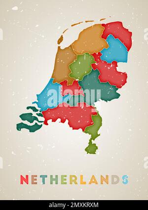 Netherlands map. Country poster with regions. Old grunge texture. Shape ...