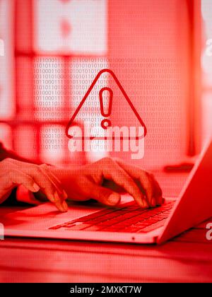 Computer hacked warning sign, binary code with red signal, cyber crime. img technology048s04 ...