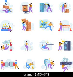 Workplace safety flat icons set with human characters having various ...