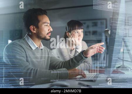 Business people, coding with partnership and information technology ...