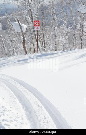 Backcountry skiing winter landscape with no entry sign, Hokkaido, Japan ...