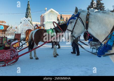 Chelyabinsk, Russia - January 05, 2021. An ice sculpture stands on a ...