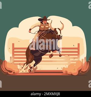 A bull rider holds tight as he rides the bucking bull in a rodeo arena ...