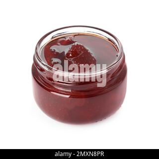 Delicious pickled strawberry jam in glass jar isolated on white Stock ...