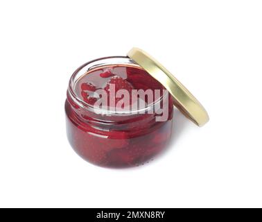 Delicious pickled strawberry jam in glass jar isolated on white Stock ...