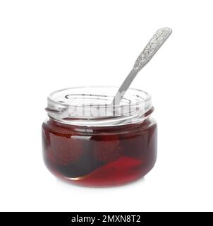 Delicious pickled strawberry jam in glass jar isolated on white Stock ...
