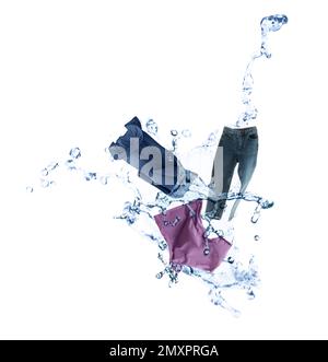 Water splash with different clothes isolated on white Stock Photo - Alamy
