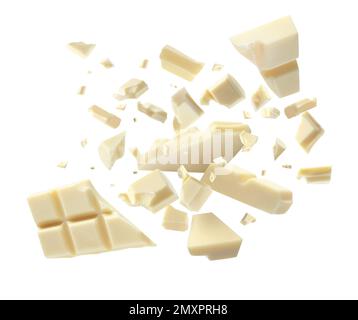 Chocolate explosion, pieces shattering on white background Stock Photo ...