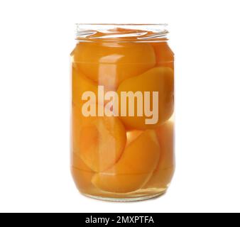 Jar with pickled apricots on white background Stock Photo - Alamy
