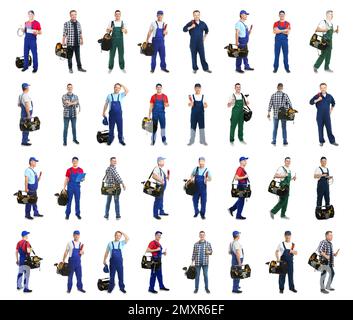 Collage with photos of plumbers on white background Stock Photo - Alamy