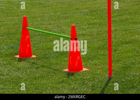 Plastic chips and cone for football training. Sports playground with ...