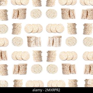 Set of puffed corn cakes with different toppings on white background ...