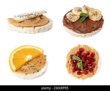 Set of puffed corn cakes with different toppings on white background ...