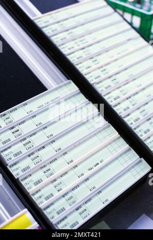 Digital flight progress strips, seen on an air traffic controller's ...