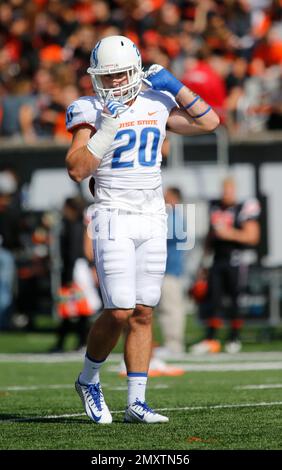 Boise State linebacker Tanner Vallejo competes in the broad jump at the ...