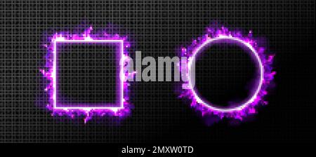 Circle and square frames with purple fire. Fantasy banners with burning ...