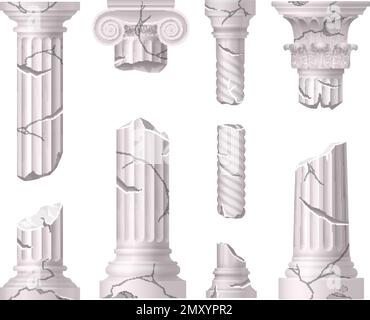 Broken columns. Ruin stone pillars of greek roman palace, old doric ...