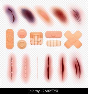 Wound plasters realistic icon set with transparent background and isolated images of bruises ...