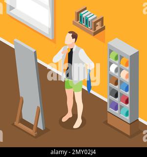 People morning routine isometric concept with man put in his clothes ...