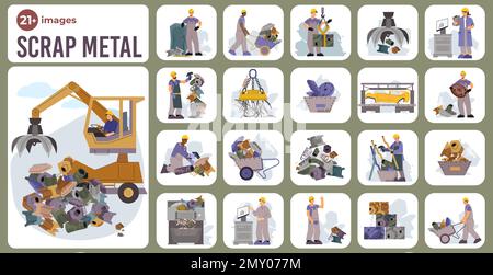 Scrap metal set with work and equipment symbols isometric isolated ...