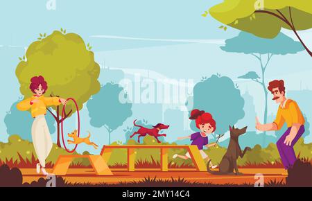 Dog playground cartoon poster with puppies jumping through ring vector ...