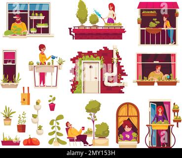 Urban farming set. Gardener with fresh produce, composting process, and ...