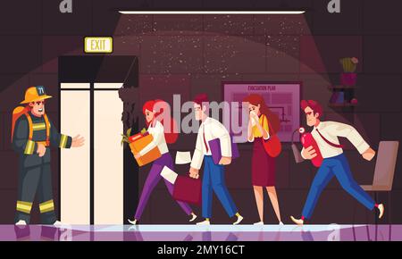 Evacation cartoon concept with office workers leaving the building ...