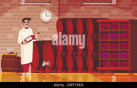 Wine cellar cartoon poster with male worker holding grape harvest ...