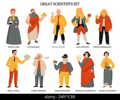 Great scientists color set with flat characters of marie curie albert ...