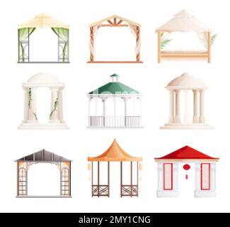 Flat landscape with concrete gazebo in greek style with vine on columns ...
